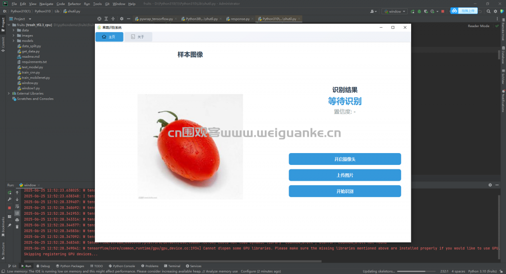 基于PyQt5 + TensorFlow +MobileNet（CNN） 的果蔬识别系统